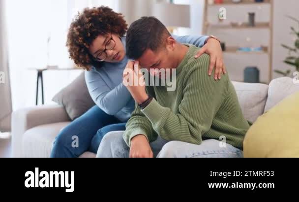 Couple, depression and woman comfort man with empathy, support and love ...