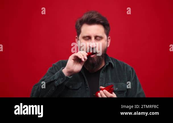Bearded man eating red hot chilli pepper against red studio background ...