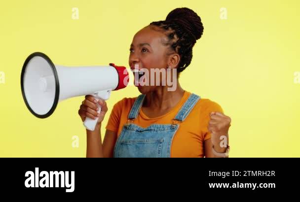 Megaphone announcement, scream and black woman protest for democracy ...