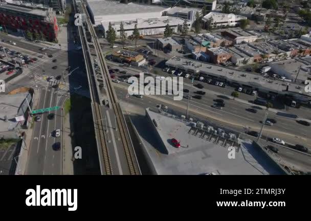 High angle view of cars stopping at traffic lights on multilane road in ...