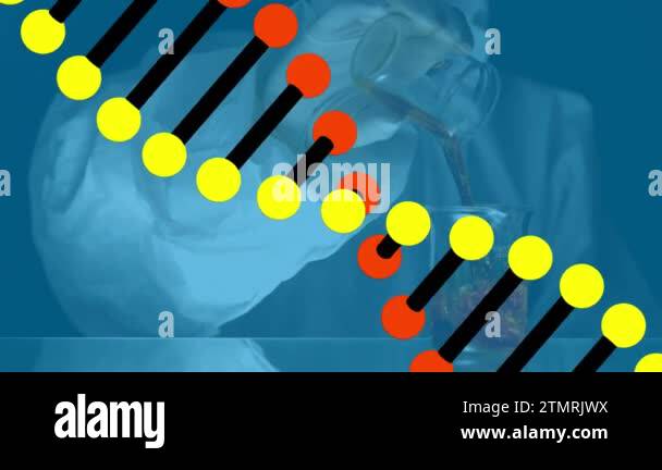 Animation of dna helix in circle over woman wearing protective suit ...