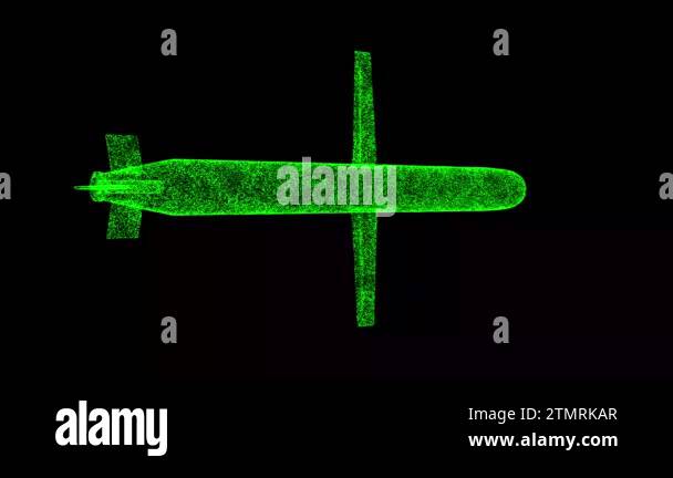 3D cruise missile rotates on black background. Object made of ...