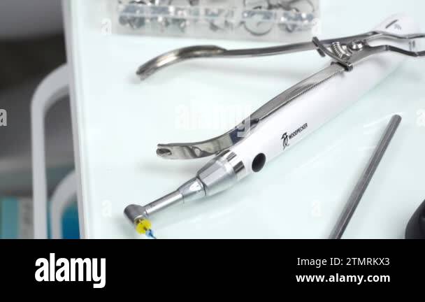 Concept dentists room office. Close-up of various dental instruments ...