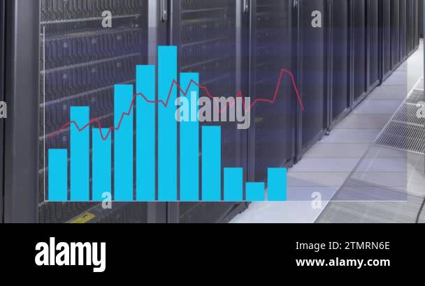 Animation of graphs against server racks in server room. Digital ...