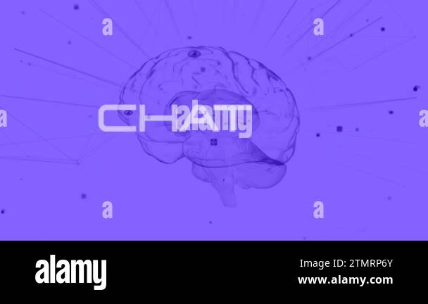Animation of artificial intelligence chat text and data processing over human brain. Global ...