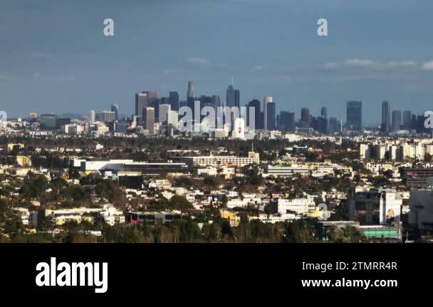 Zoomed view of modern high rise downtown office buildings. View above ...
