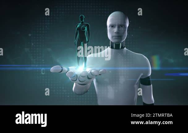 Robot cyborg open palm, Zooming front Female body and scanning Human ...