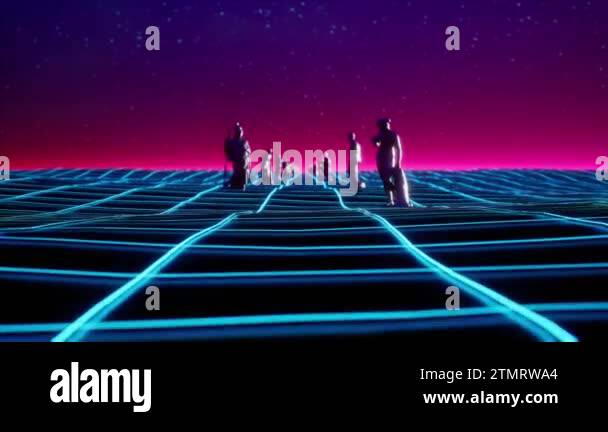 Futuristic retrowave vl loop 3d animation. Ancient sculptures on neon ...