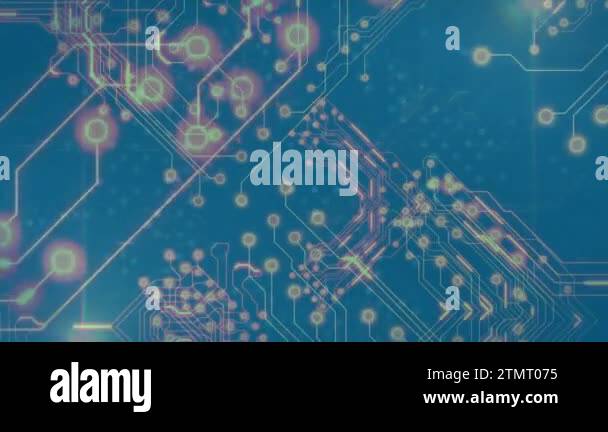 Animation of microprocessor connections against copy space on blue background. Computer ...