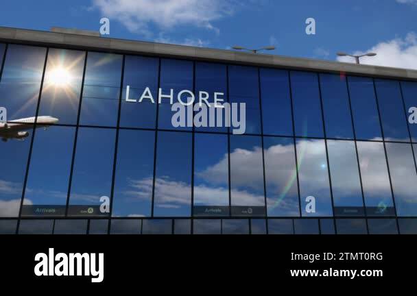 Plane landing at Lahore, Pakistan 3D. Arrival in the city with the glass airport terminal and ...