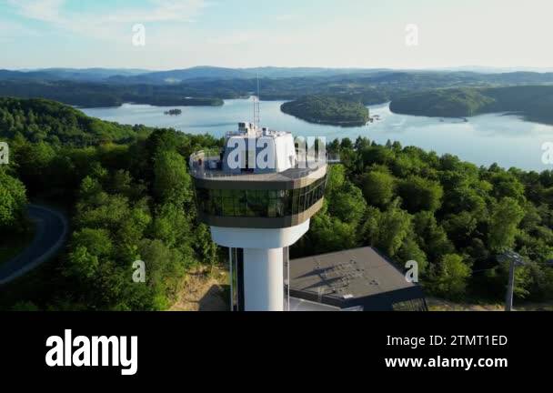 Panoramic view from the drone during sunset, on the Soliskie lake ...