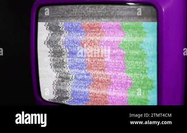 Old Purple Television Turning On Static Noise and Color Bars. Close Up ...