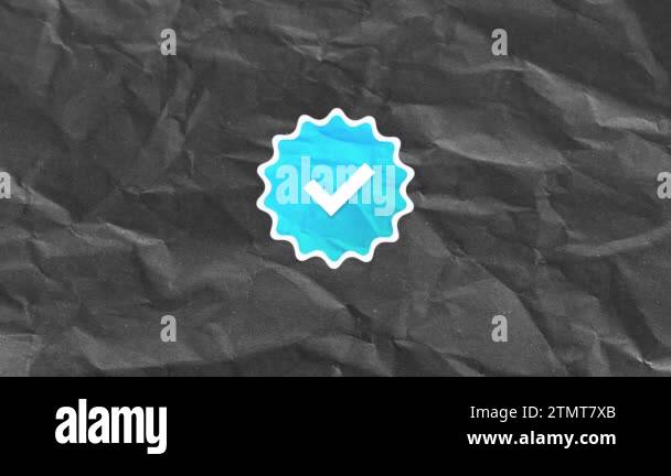 Blue check mark sticks to crumpled paper background. Social media ...