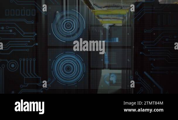 Animation of round scanner, microprocessor connections and data processing against server room ...