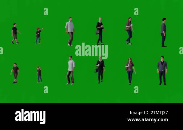 3d Australian family with their children on green screen walking and ...