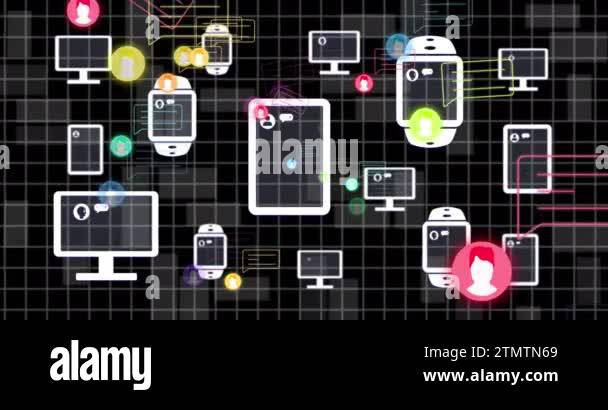 Animation of ai text, icons and data processing over computer screens. Global artificial ...