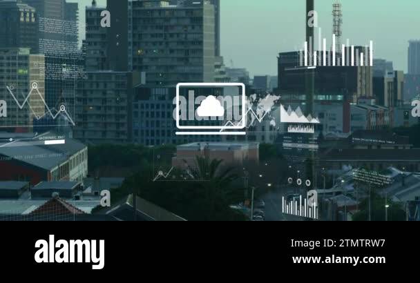 Animation of multiple graphs, map, icons and computer language over ...