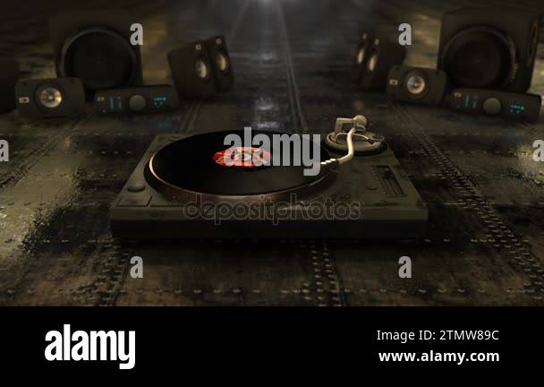 Cool CG retro animation featuring a vinyl record spinning on a ...