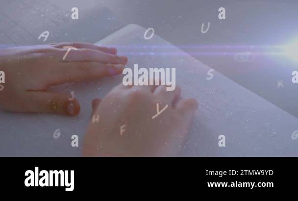 Animation of multiple letters and lens flares over cropped hands of ...