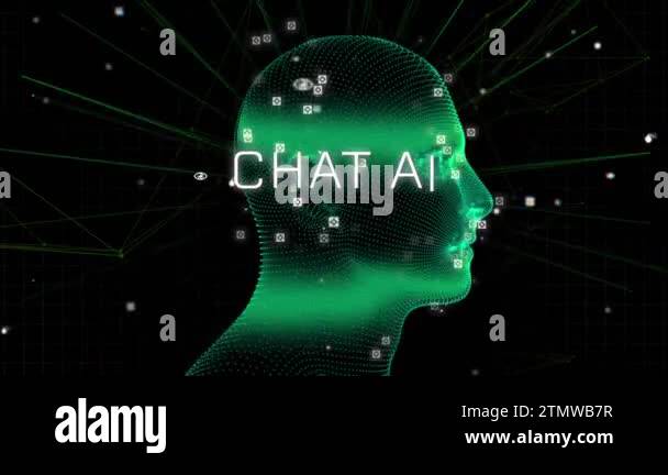 Animation of artificial intelligence chat text and data processing over human head. Global ...