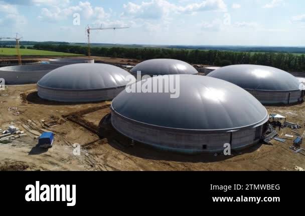 An aerial view of the construction of a modern biogas plant or plant ...