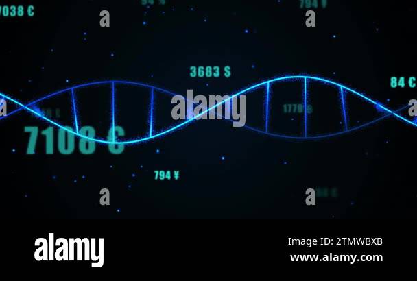 Animation of multiple changing numbers over spinning dna structure and blue glowing spots ...
