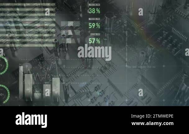 Animation of statistical data processing and light spot against close up of a circuit board ...