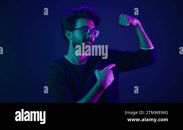 Proud slim weak Arabian man coder guy technology hacker show hands ...