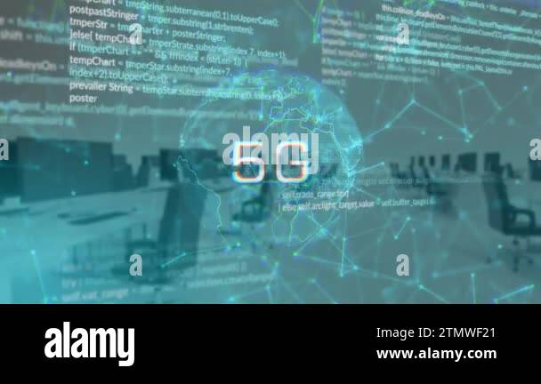 Animation of 5g text over globe, computer language and connected dots over empty office. Digital ...