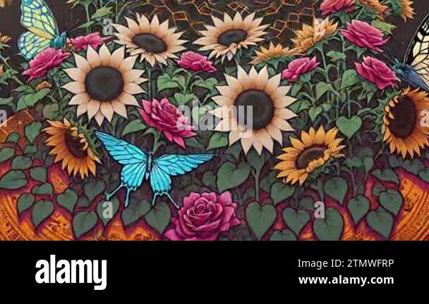 Vintage flowers animation with sunflowers. Floral background with lot ...
