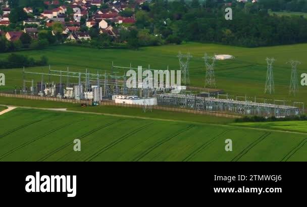 High voltage power station. View from flying drone. Wide angle, high ...