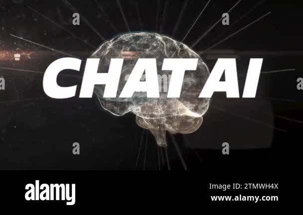 Animation of artificial intelligence chat text and data processing over human brain. Global ...