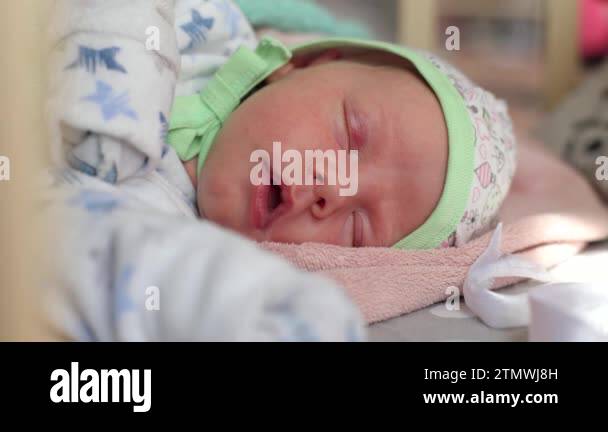 A small baby is sleeping in a cradle. Sweet sleep baby. The first days ...