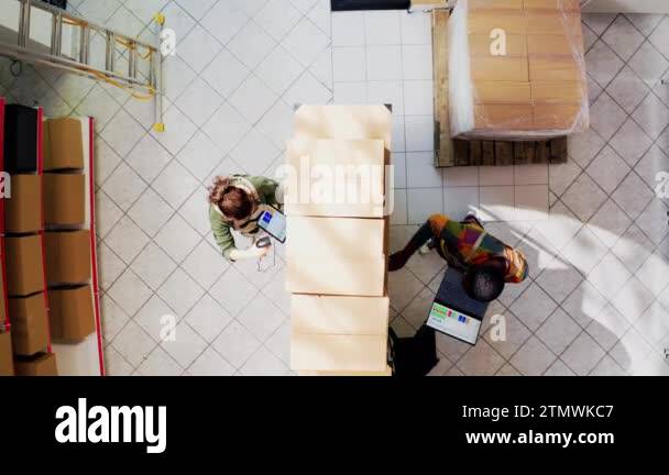 Aerial view of colleagues checking goods on racks and doing quality ...