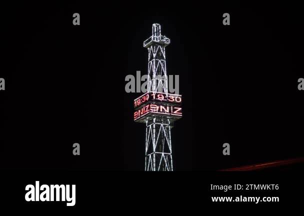 Baku Clock Tower at Night, Azerbaijan, Displaying Time and Temperature ...
