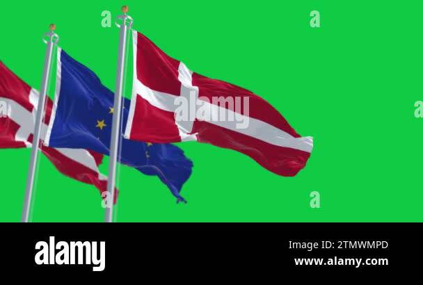 Flags of Denmark and the European Union waving isolated on a green ...