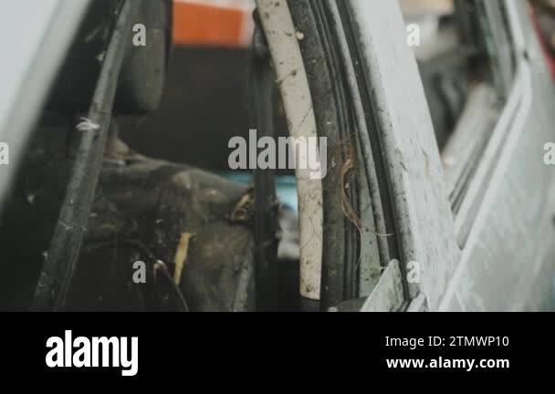 Cemetery of civilian cars. Car destroyed in missile attack, civilian ...