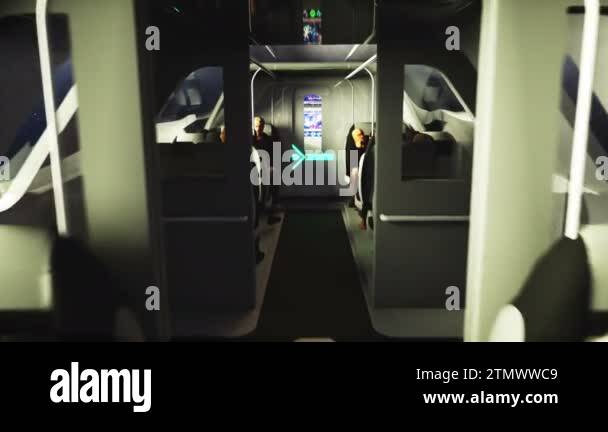 futuristic passenger bus flying in space. Transport of the future ...