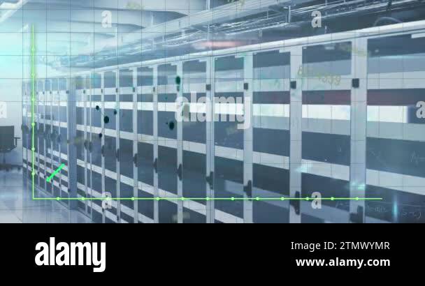 Animation of mathematical equations, data processing and light trails against computer server ...