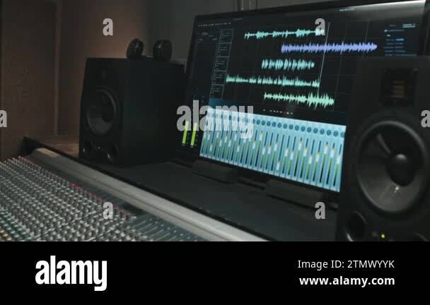 Part of workplace of professional producer with screen showing ...