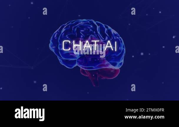 Animation of artificial intelligence chat text and data processing over human brain. Global ...