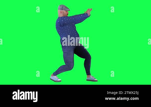 Fat bald American middle-aged man resisting door opening in blue ...