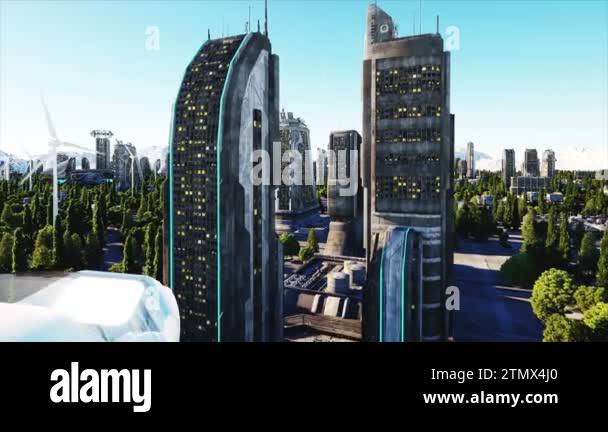 futuristic passenger bus flying over the city, town. Architecture of ...