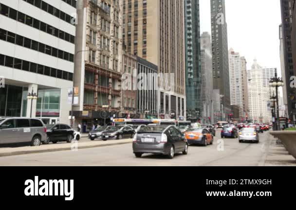 Michigan Avenue in Downtown Chicago Traffic Blurred. Vehicles in ...