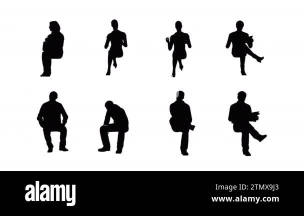 Set of black shape people sitting on white background alpha channel ...