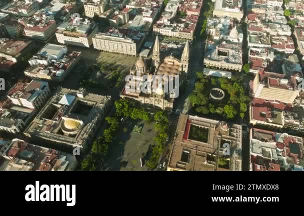 Overhead view above Plaza de la Liberacion and Guadalajara Cathedral ...