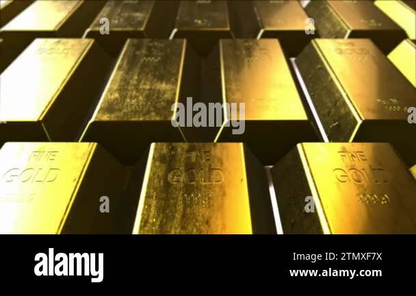 Close-up view of fine gold bar stacks Seamless loop 4k cg 3d animation ...