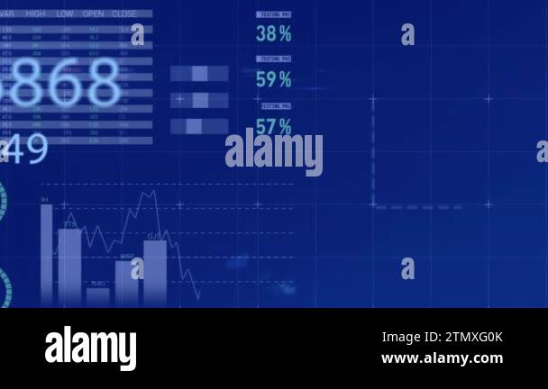 Animation of multiple changing numbers and statistical data processing against blue background ...