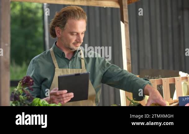 Hardworking Caucasian salesman using tablet computer while working at ...