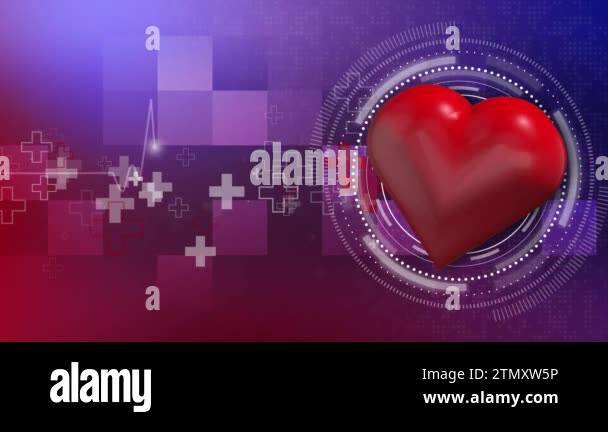Red 3D heart with round HUD element. Abstract medical background ...